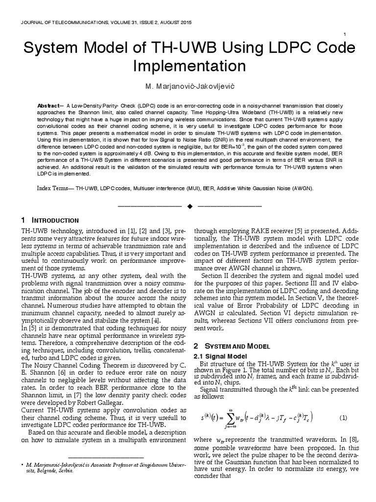 System Model of TH-UWB Using LDPC Code Implementation | PDF | Low Density Parity Check Code ...
