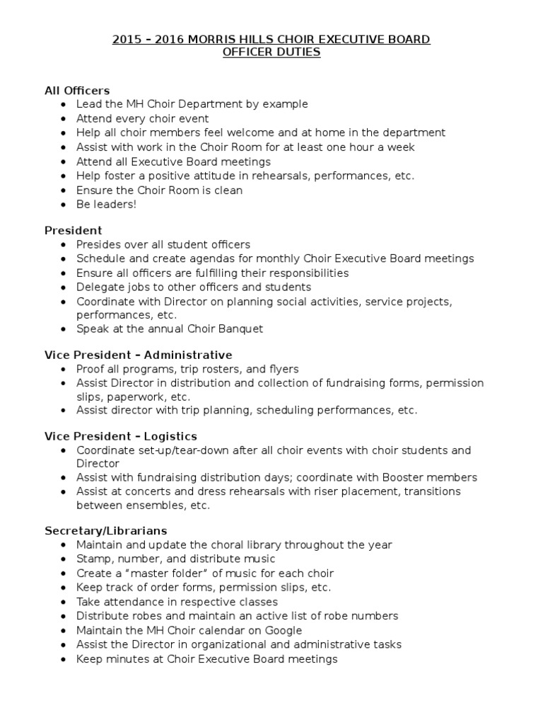 Choir Executive Board Officer Duties | PDF | Career & Growth