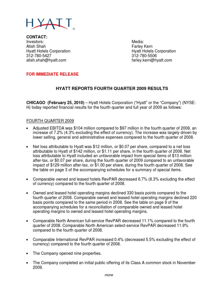 Hyatt Quarter Ending Dec 2009 Financial Results | PDF | Earnings Before ...