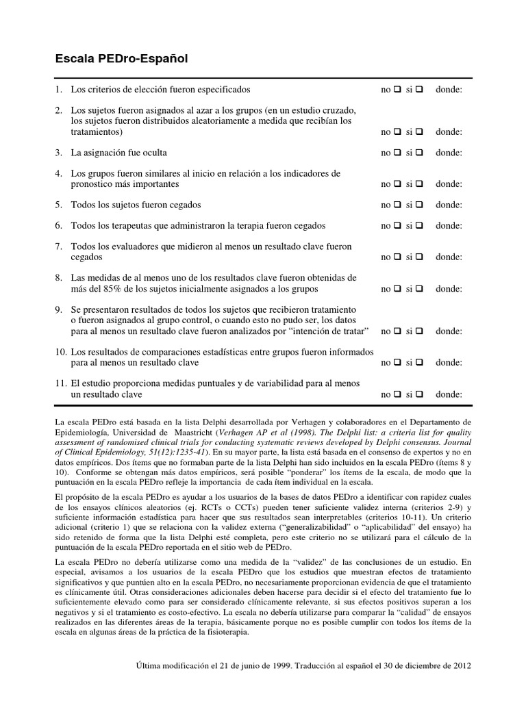 Criterios de la Escala PEDro en Español | PDF | Tamaño del efecto ...