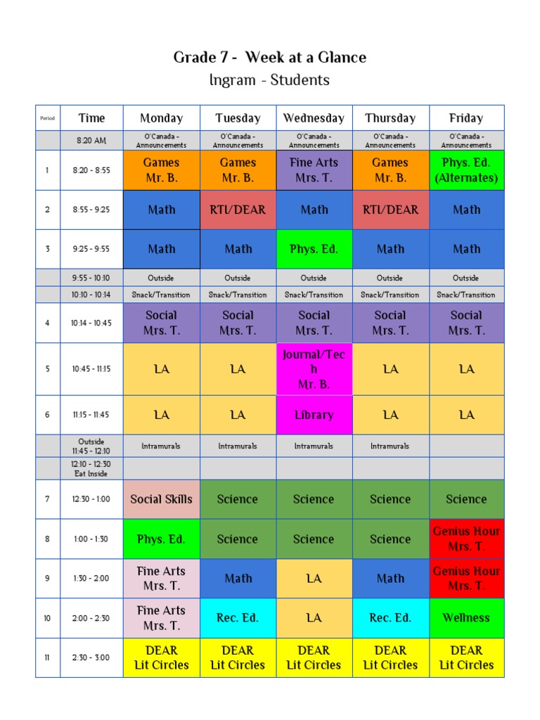Grade 7 Weekly Schedule Overview | PDF