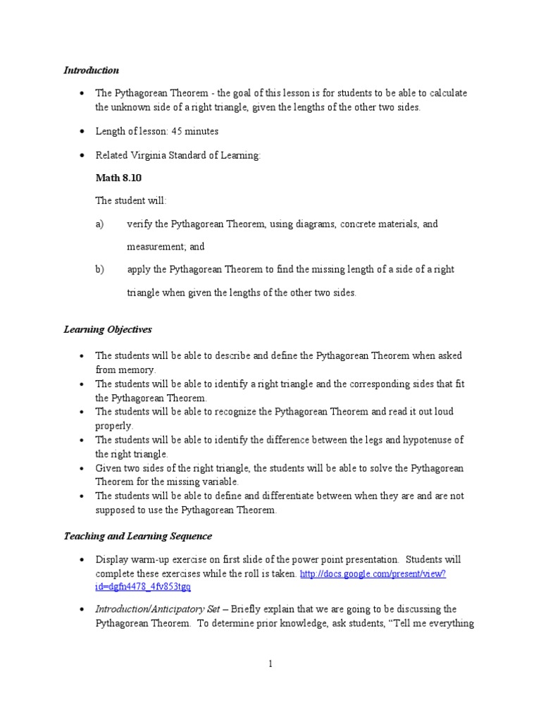 Pythagorean Theorem Lesson Plan | Triangle | Teaching Mathematics