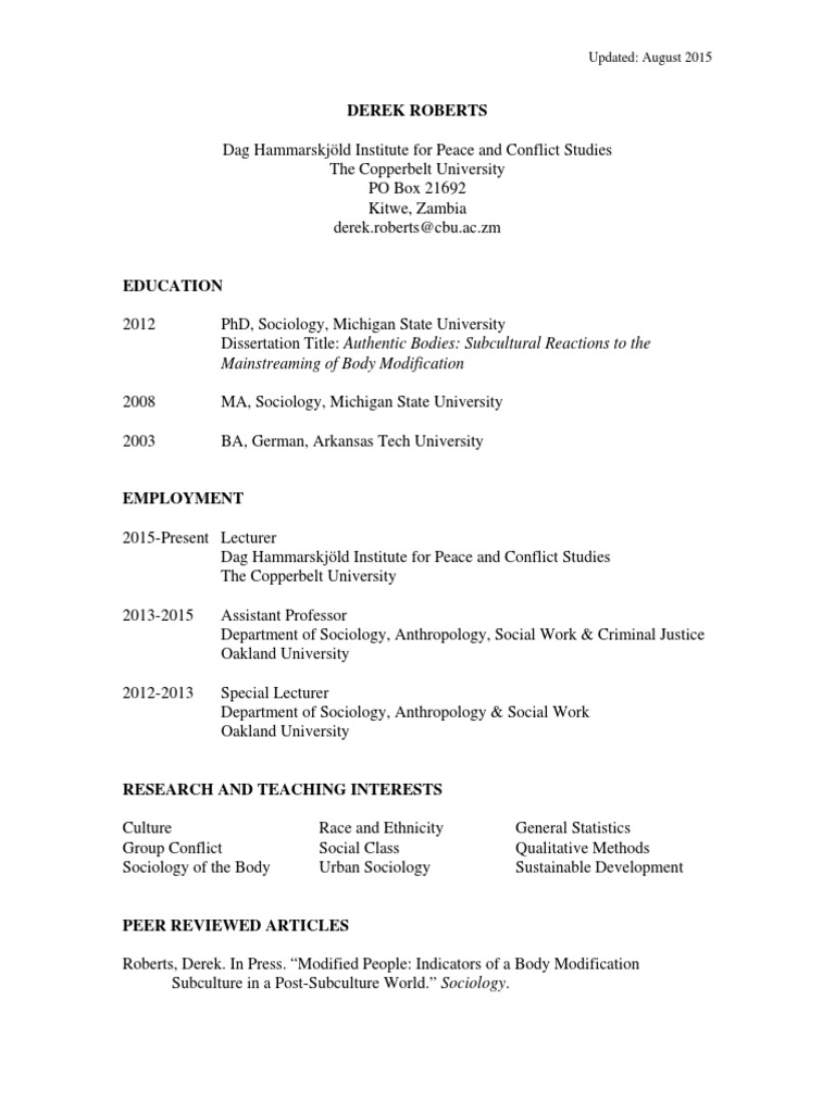 Derek Roberts' Current CV | PDF | Sociology | Michigan State University