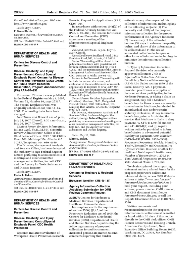 Notice: Meetings: Disease, Disability, and Injury Prevention and ...