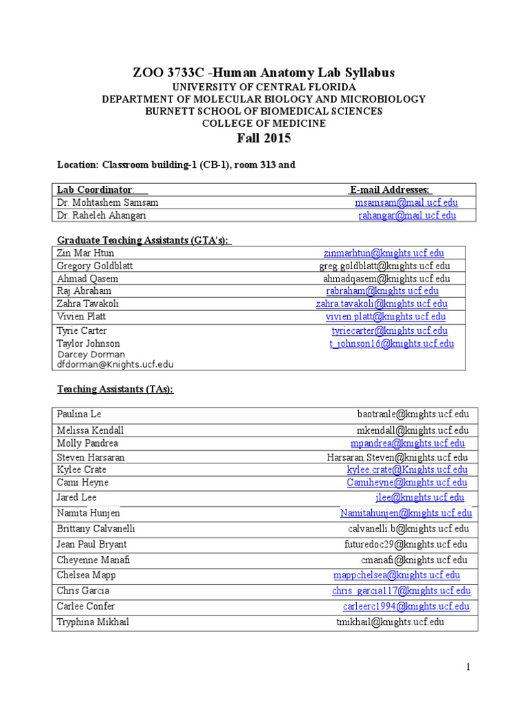ZOO 3733C Human Anatomy Lab Syllabus | PDF | Human Leg | Vertebra