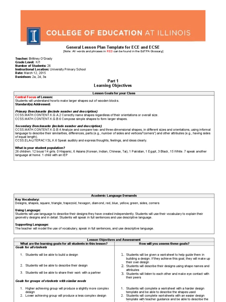 General Lesson Plan Template For Ece and Ecse: (Note: All Words and ...