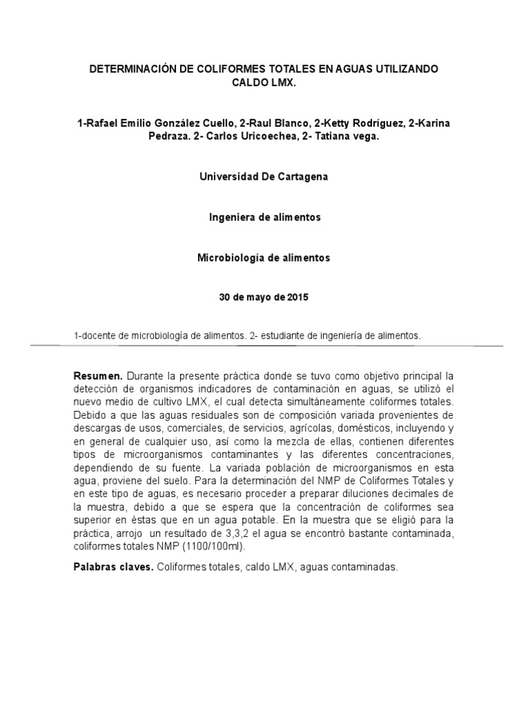 Determinación de Coliformes Totales en Aguas Utilizando Caldo LMX (Reparado) (Reparado) | PDF ...