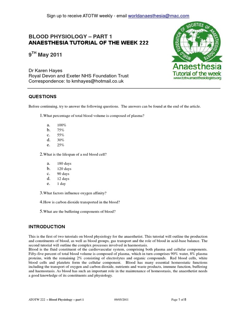 Anaesthesia Tutorial of The Week 222: Blood Physiology - Part 1 | PDF ...