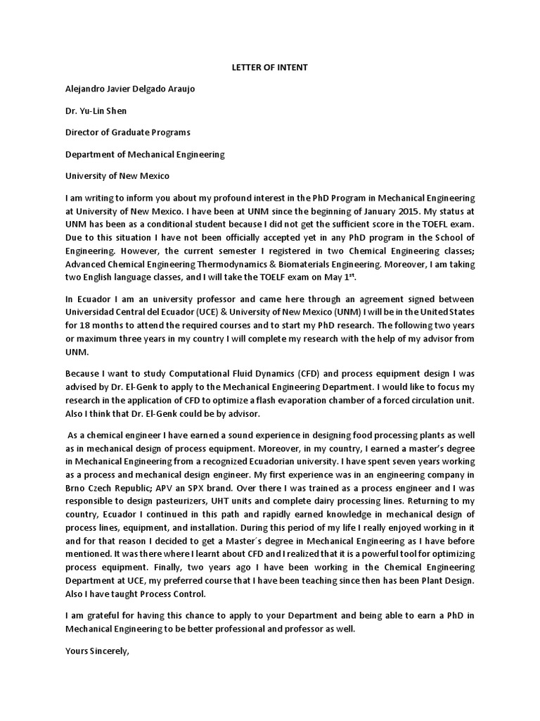 Letter of Intent | Chemical Engineering | Mechanical Engineering