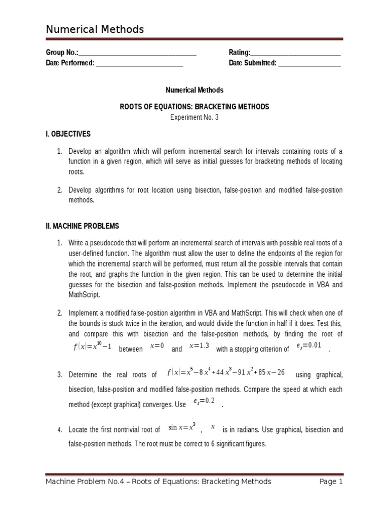 Experiment No. 3 - Roots of Equations Bracket Methods | PDF | Numerical Analysis | Discrete ...