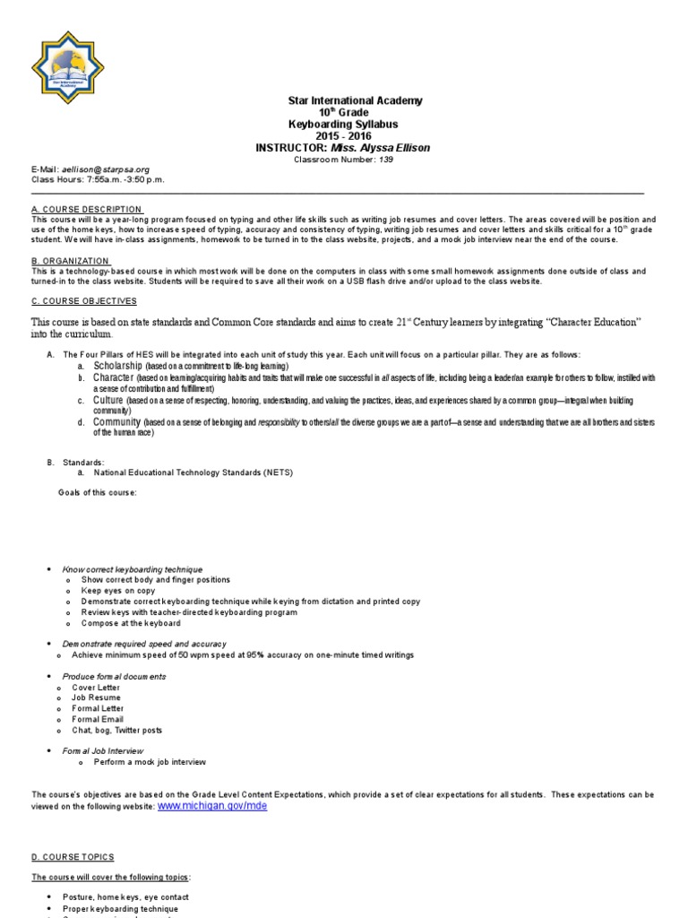 10th Grade Keyboarding Course Syllabus | PDF | Educational Assessment ...