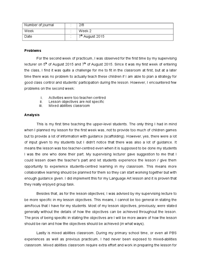 Journal Practicum 2 Week 2 | PDF | Classroom | Teachers