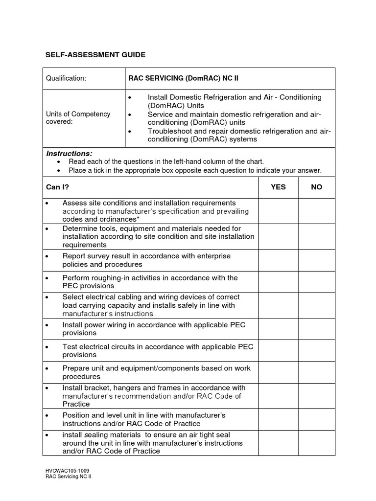 DomRAC NC II Self-Assessment Guide | PDF | Troubleshooting | Mechanical Fan
