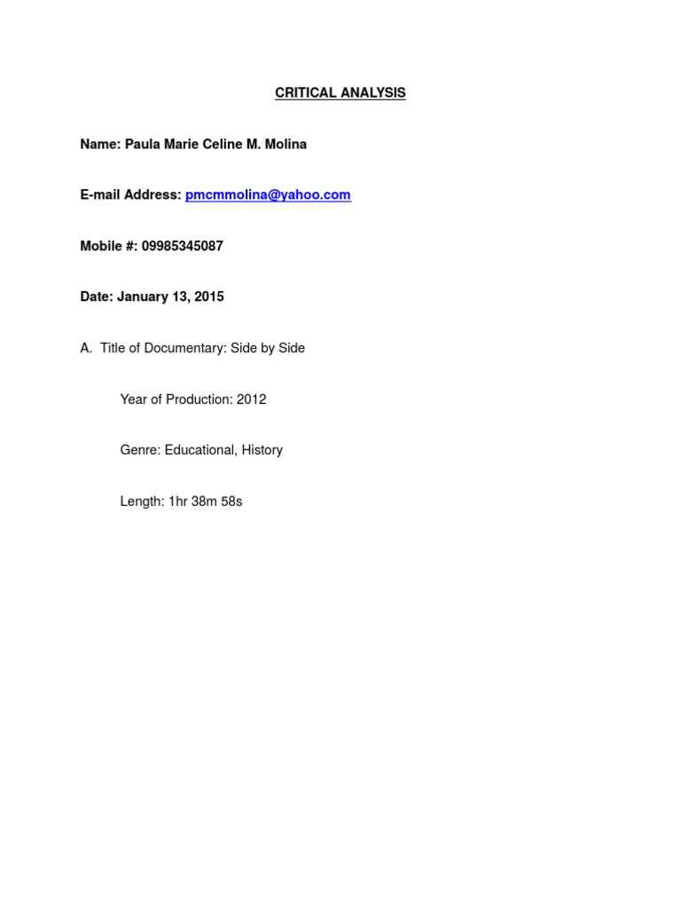 Analysis of Side by Side | PDF | Documentary Film | Filmmaking