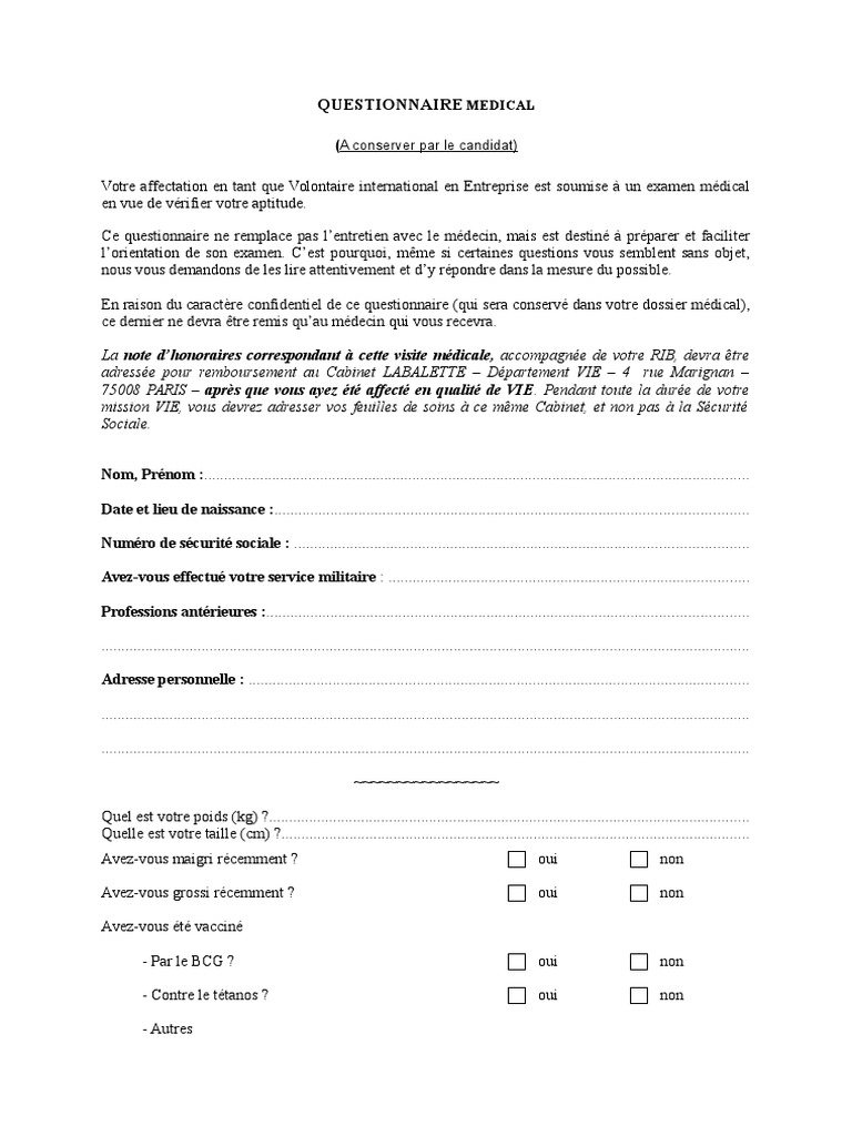 Questionnaire Medical | PDF | Spécialités médicales | Maladies et troubles