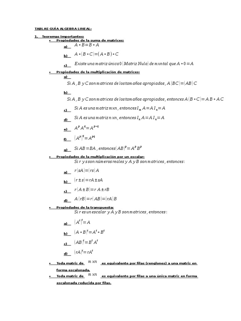 Tabla Guía Algebra Lineal | PDF | Sistema de ecuaciones lineales ...