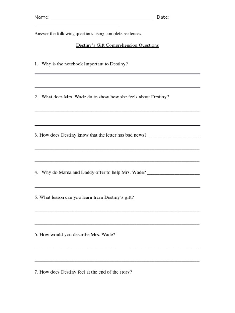 Destiny's Gift Comprehension Questions | PDF