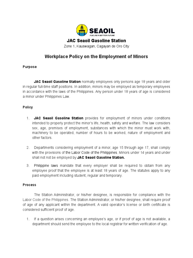 Policy On Minor Employees | PDF