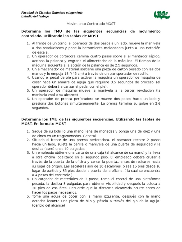 Cálculo de TMU con Tablas MOST | PDF