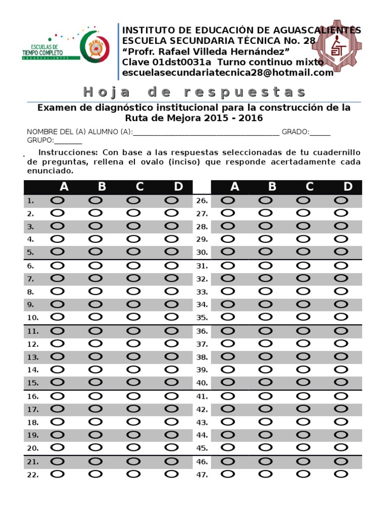 Hoja de Respuestas Cuadernillo de Exámenes de Diagnóstico Esc. Sec. Tec 28 2015 - 2016 | PDF