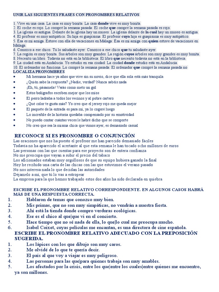 Hoja De Trabajo De Pronombres Relativos En Formato Pdf