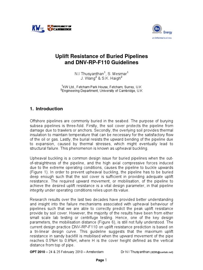 Uplift Resistance of Buried Pipelines and DNV-RP-F110 Guidelines | PDF ...