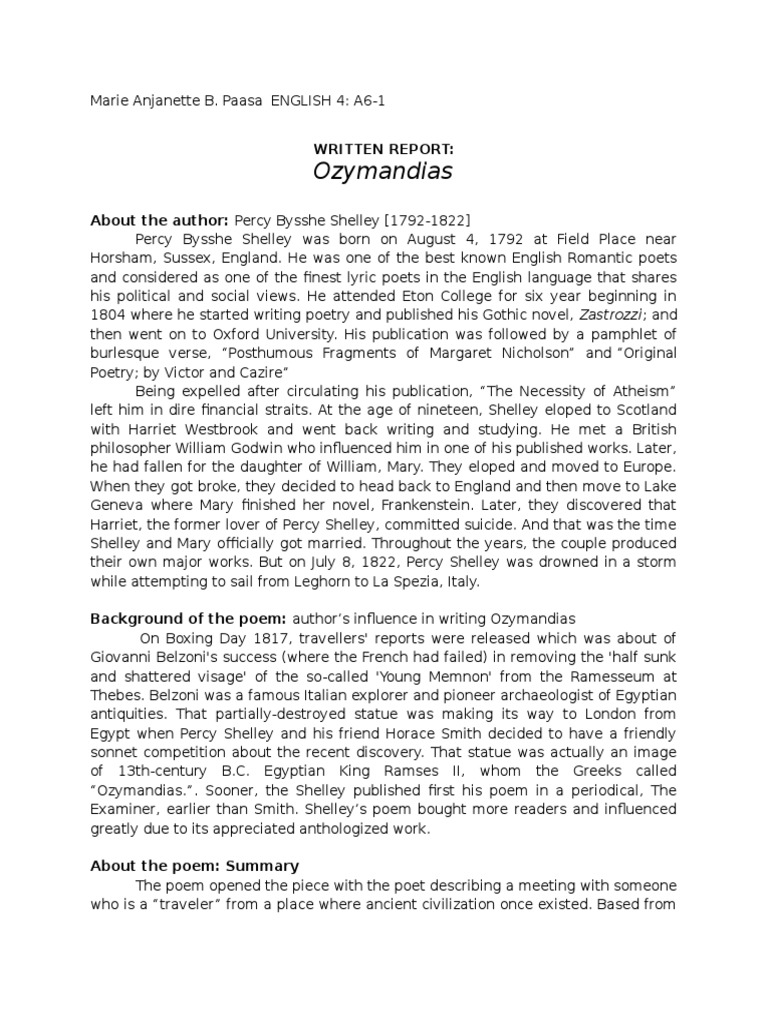 Ozymandias | PDF | Percy Bysshe Shelley | Poetry