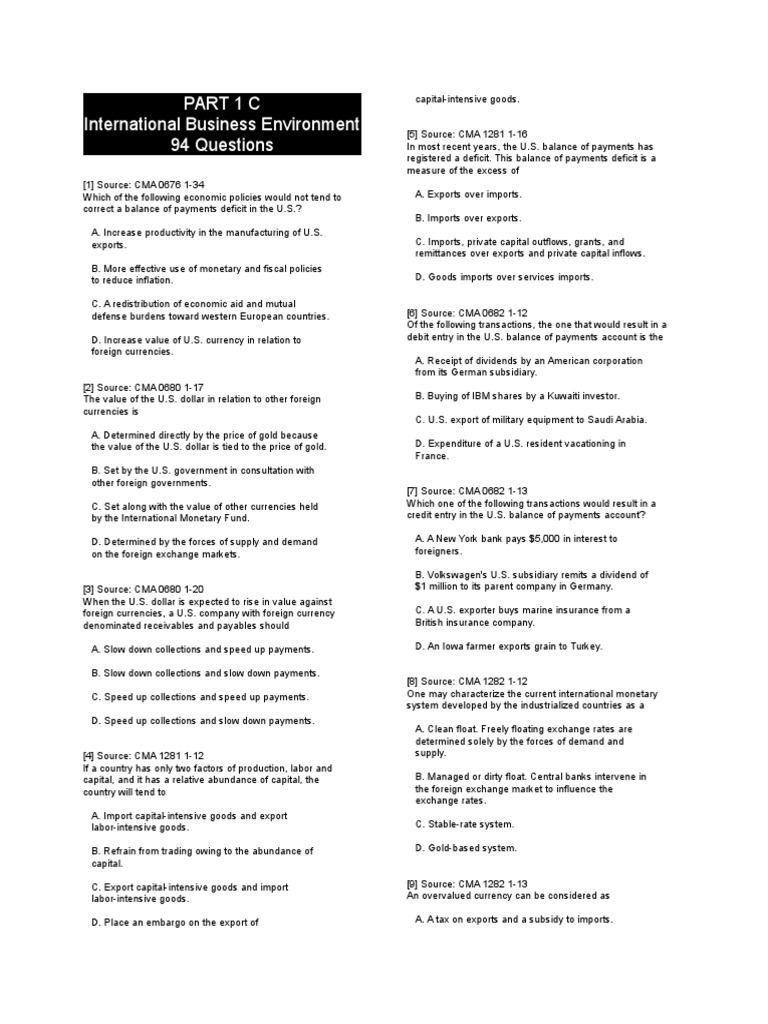 International Business Environment Quiz | PDF | Exchange Rate | Balance ...