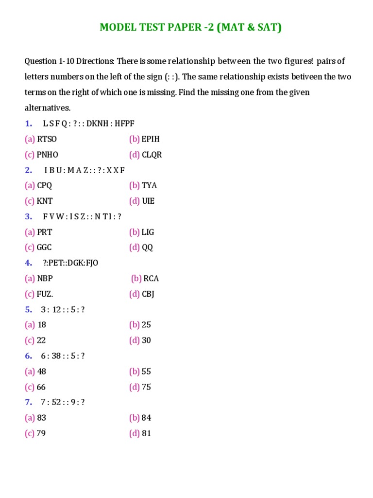 MODEL TEST PAPER -2 (MAT & SAT).pdf | Constitution | Nature
