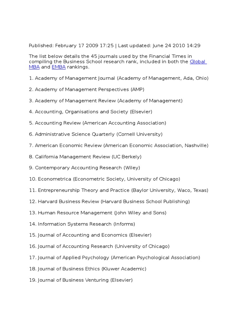 45 Journals Used in FT Research Rank: Global MBA Emba | PDF | Finance ...