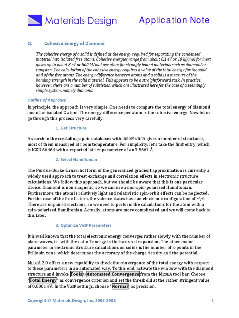 Cohesive Energy of Diamond | PDF | Density Functional Theory | Atoms