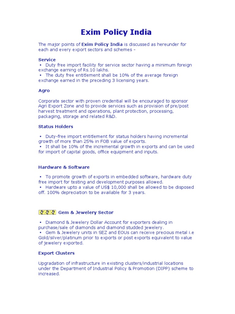 Exim Policy India | Exports | Tariff