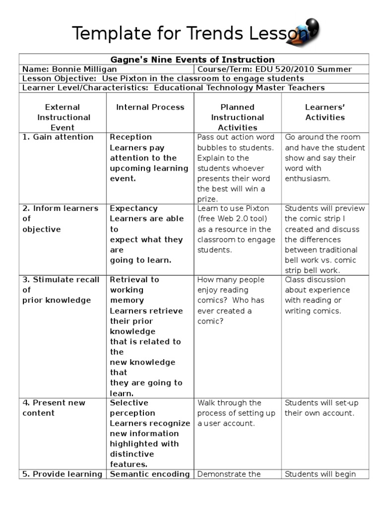 Gagne's Nine Events Lesson Plan Template | PDF | Lesson Plan | Learning