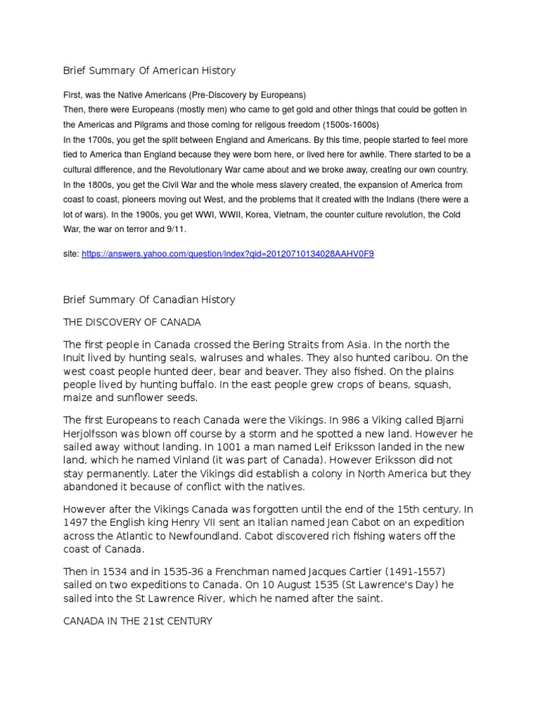 Brief Summary of American History | Canada | North America