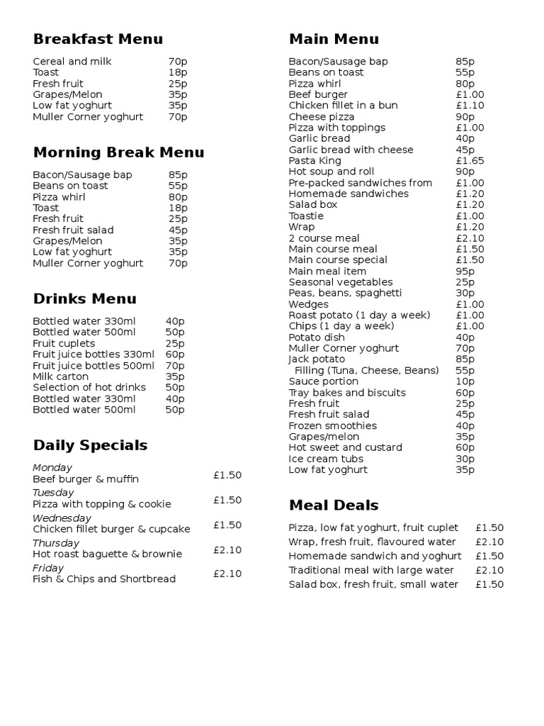 Breakfast Menu Main Menu: Monday Tuesday Wednesday Thursday Friday ...