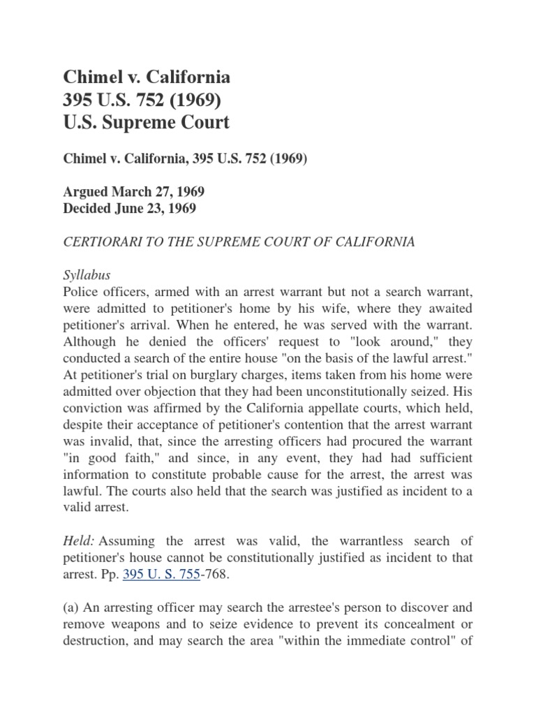 Chimel V California (1969) | PDF | Search And Seizure | Search Warrant