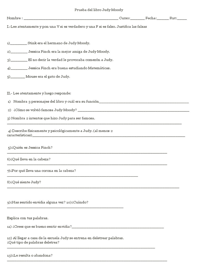 Prueba de Lectura Judy Moody | PDF | Ocio