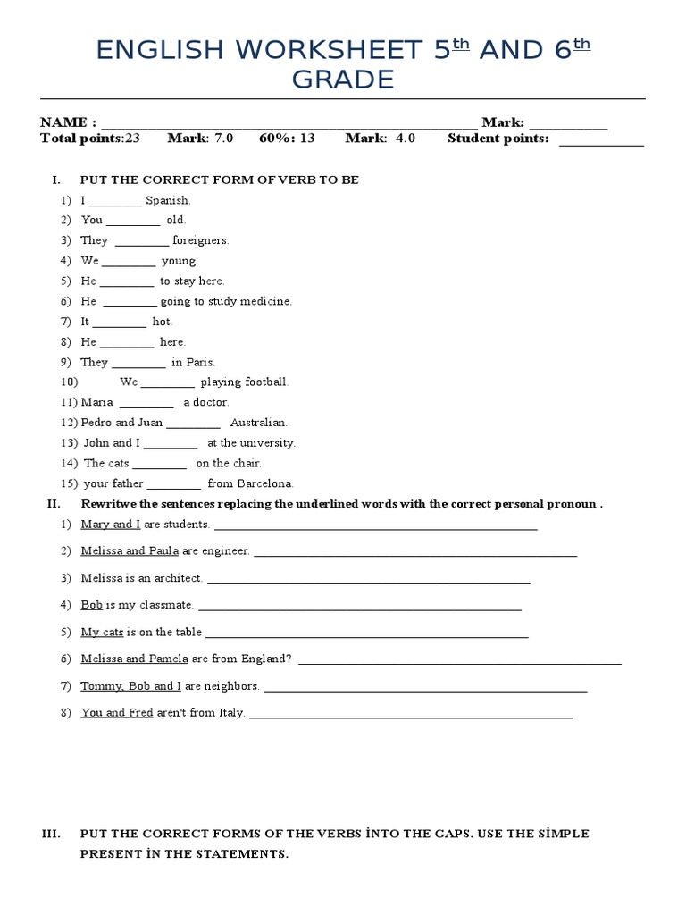 English Worksheet 5 and 6 Grade | PDF