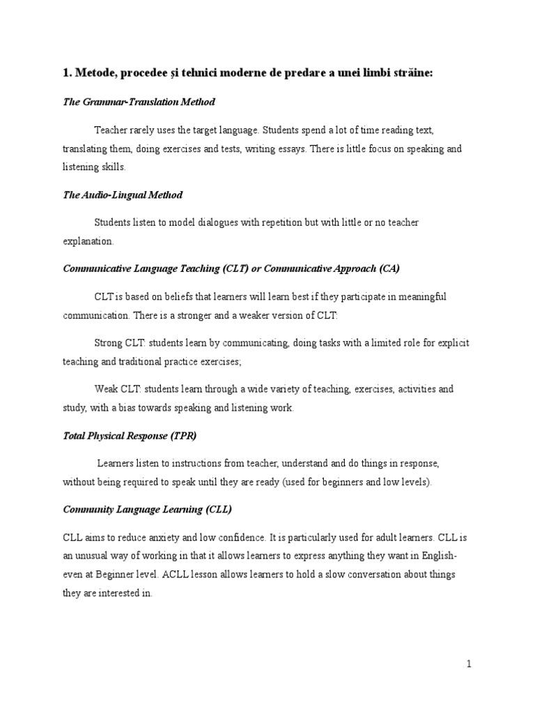 Metode, Procedee Şi Tehnici Moderne de Predare A Unei Limbi Străine ...