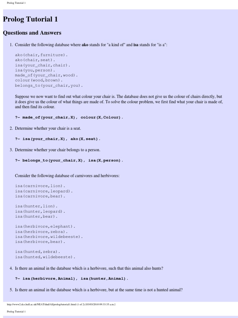Prolog Tutorial 1: Questions and Answers | PDF | Lion