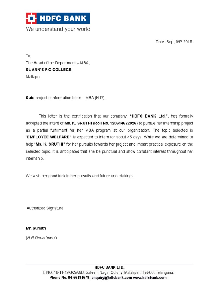 HDFC Bank Internship Confirmation Letter | PDF | Career & Growth