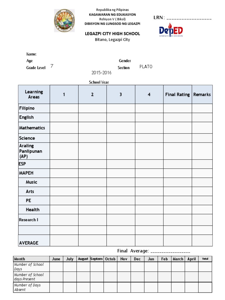 Legazpi City High School Report Card | PDF