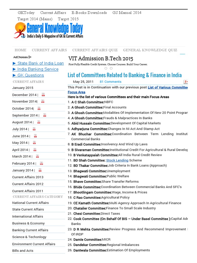 List of Committees Related To Banking & Finance in India - General ...