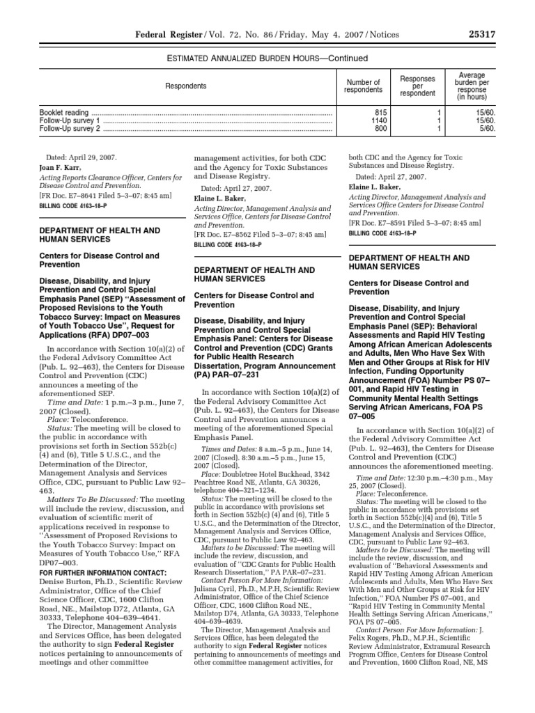 Notice: Meetings: Disease, Disability, and Injury Prevention and ...