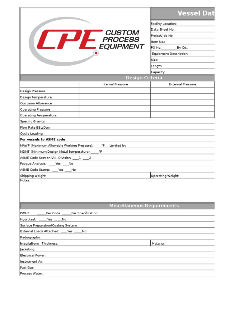Vessel Data Sheet: Design Criteria | PDF