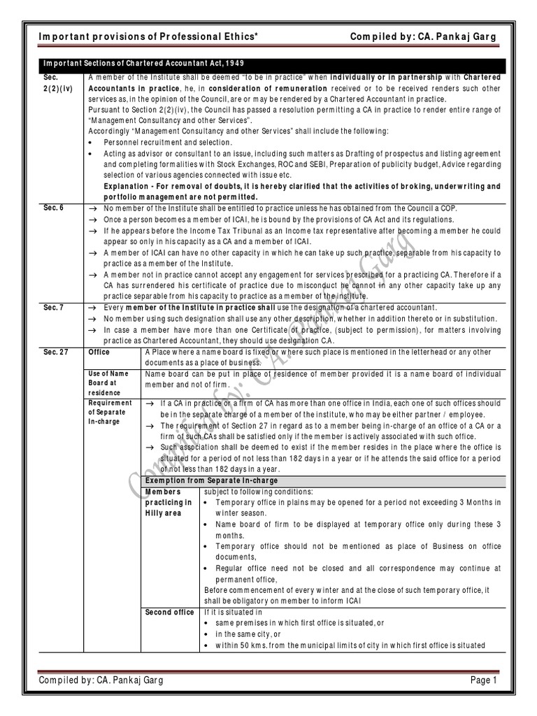 CA Final Summary Notes of Professional Ethics | Accountant | Business