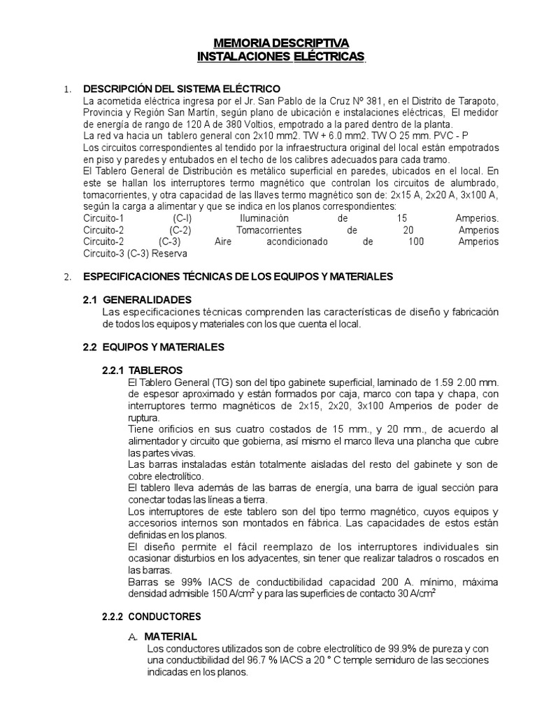 Memoria Descriptiva Instalaciones Electricas | PDF | Enchufes y tomas de corriente alterna | Cobre