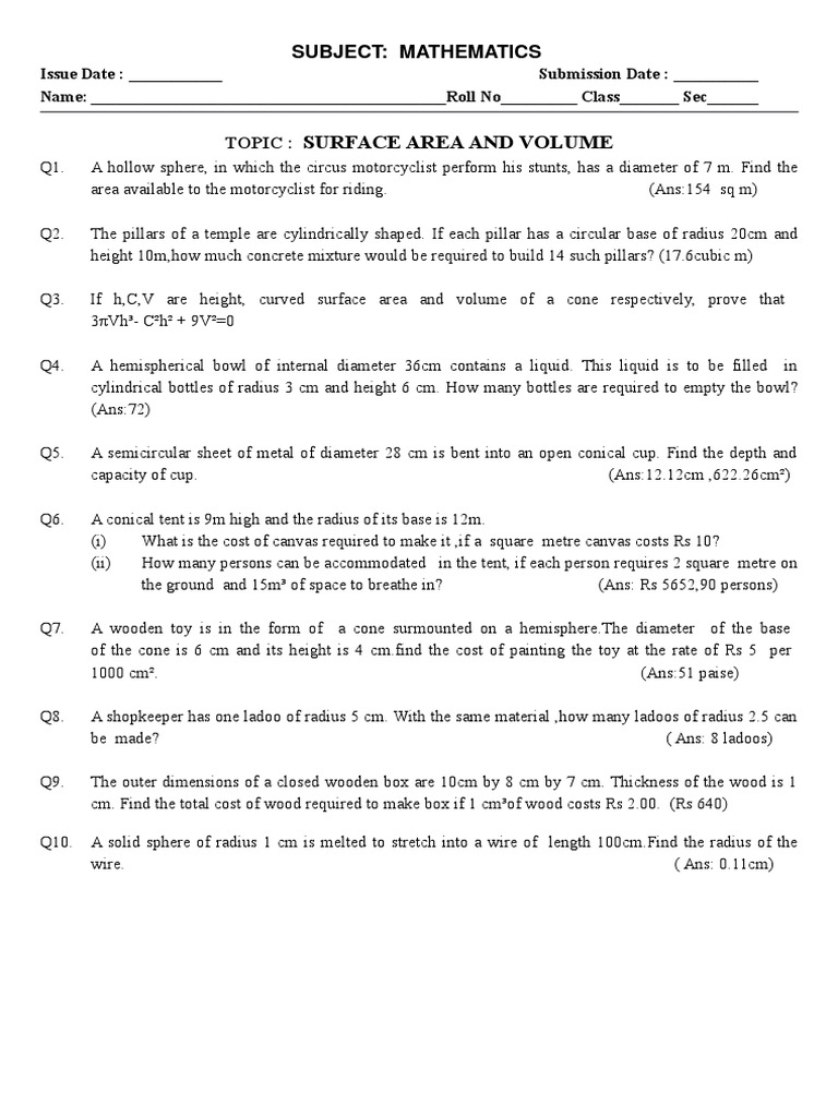 Surface Area and Volume Class 9 Worksheet | PDF | Volume | Sphere