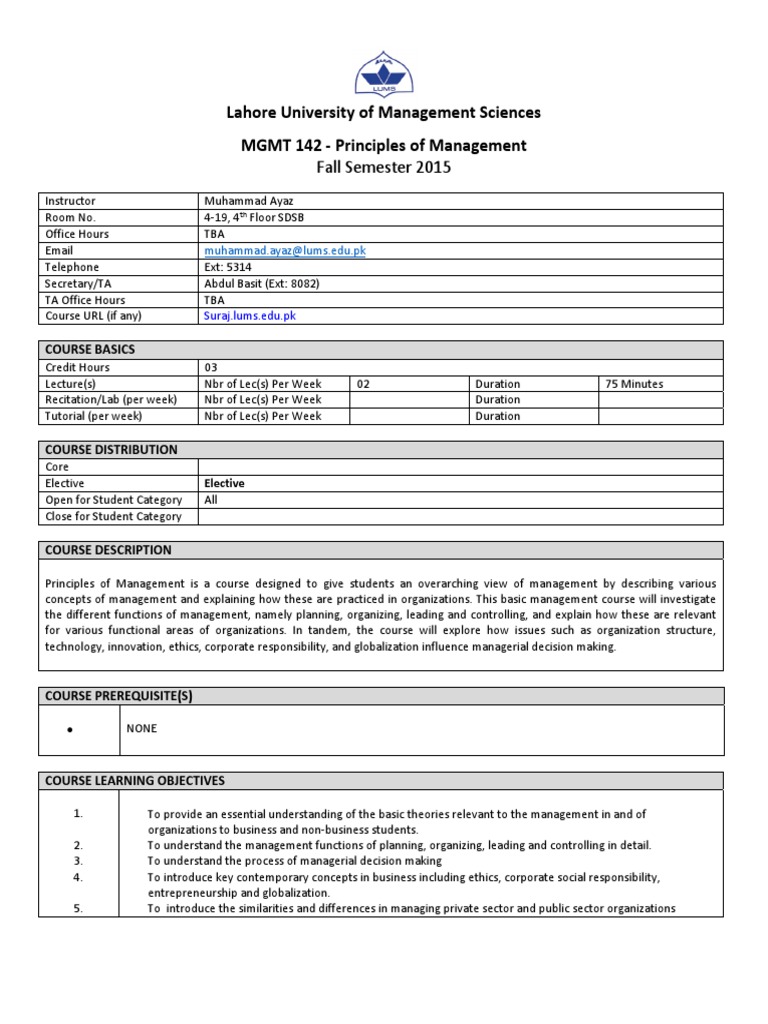 Understanding Management Principles: An Overview of the MGMT 142 Principles of Management Course ...