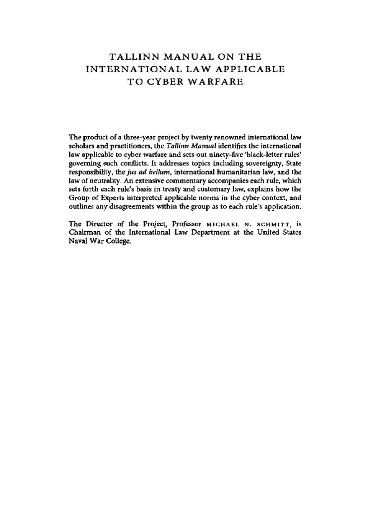 Tallinn Manual On The International Law Applicable To Cyber Warfare | PDF